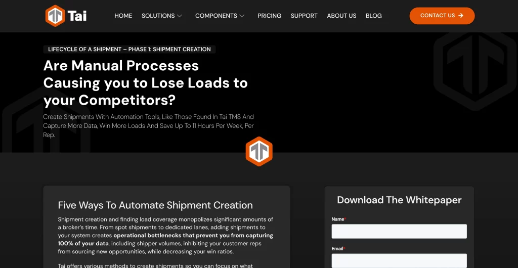 Shipment Creation Page - Tai Software